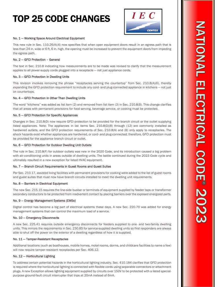 2023 NEC Top 25 Code Changes Summary