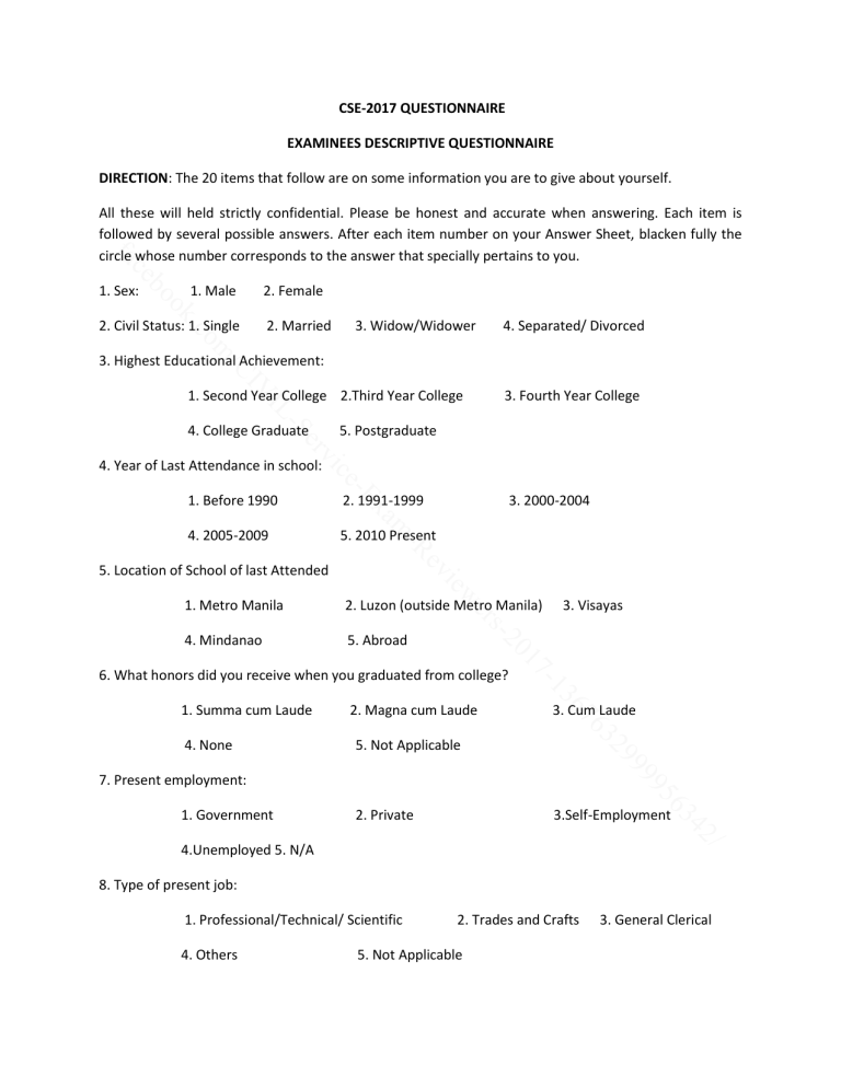 CSE-2017 Examinees Descriptive Questionnaire