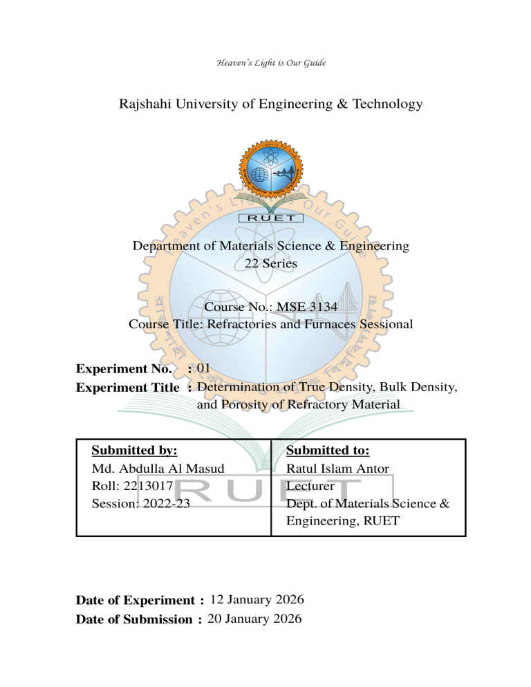 Experiment 01: True Density, Bulk Density, Porosity of Refractory Material