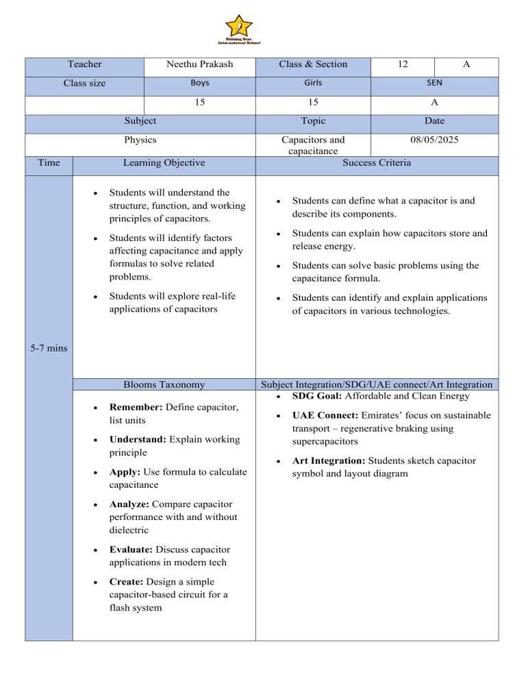 Physics Lesson Plan: Capacitors and Capacitance