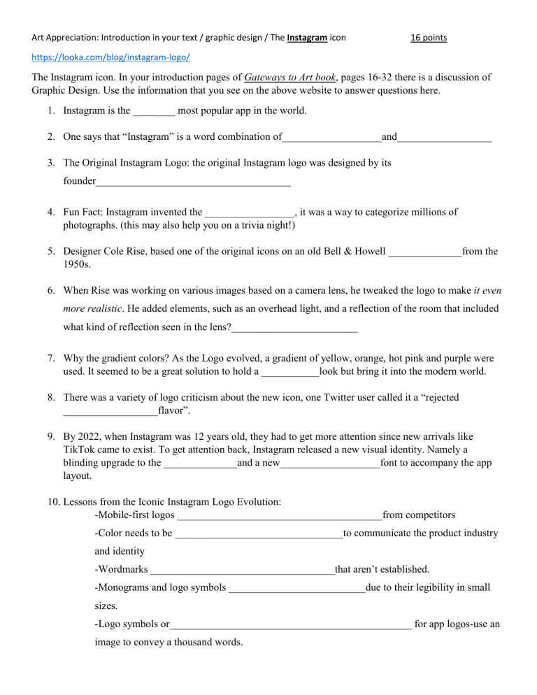 Instagram Logo Worksheet: Art Appreciation Questions