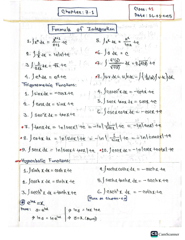 Integration Formulas: Chapter 7.1 Study Guide