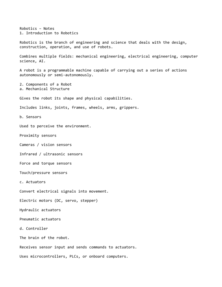 Robotics Notes: Introduction & Components