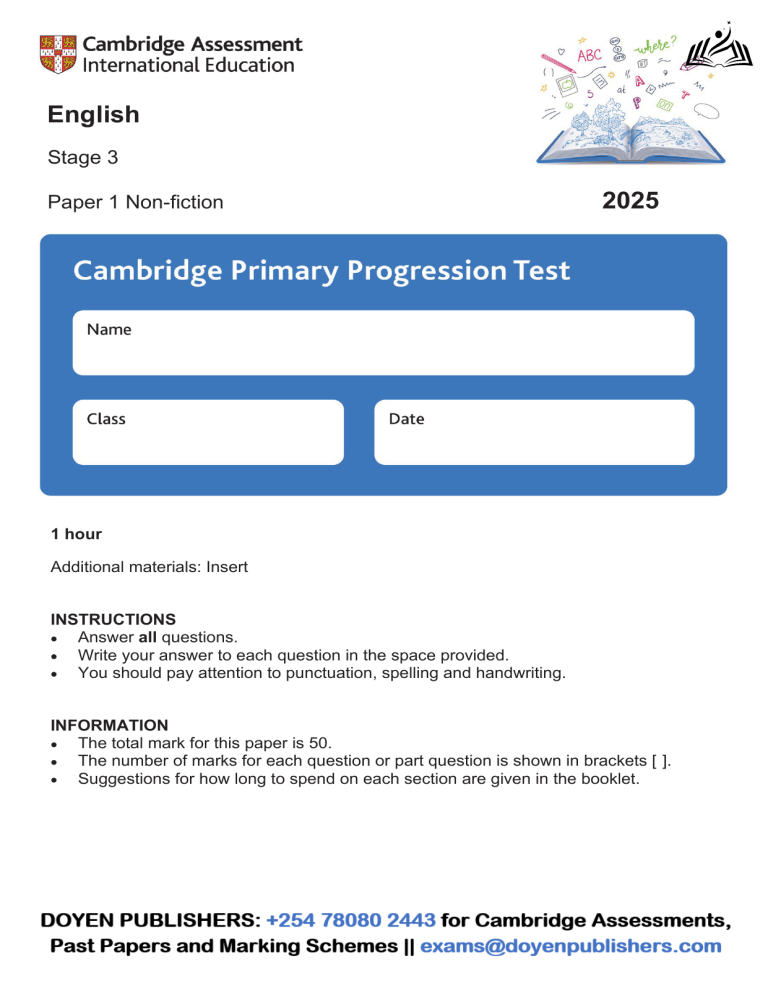 2025 Cambridge Primary English Stage 3 Paper 1 Non-fiction Exam