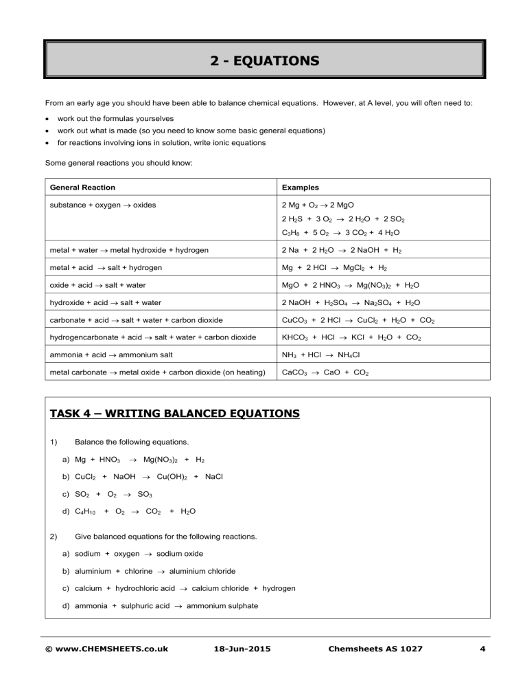 Balancing Chemical Equations Worksheet