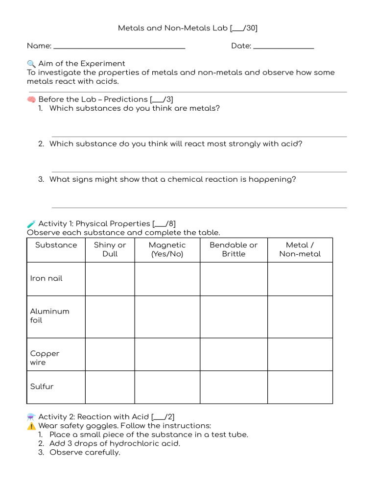 Metals and Non-Metals Lab Worksheet