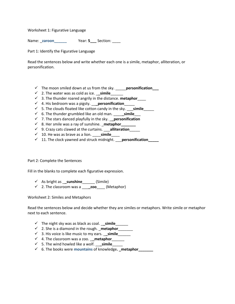 Figurative Language & Haiku Worksheets for 5th Grade