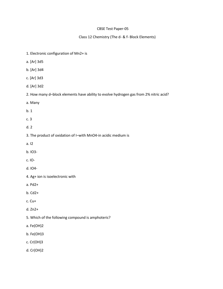 CBSE Class 12 Chemistry Test Paper d & f Block Elements