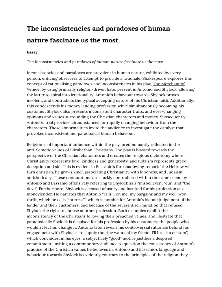 Human Nature Inconsistencies: Shakespeare's Merchant of Venice Essay