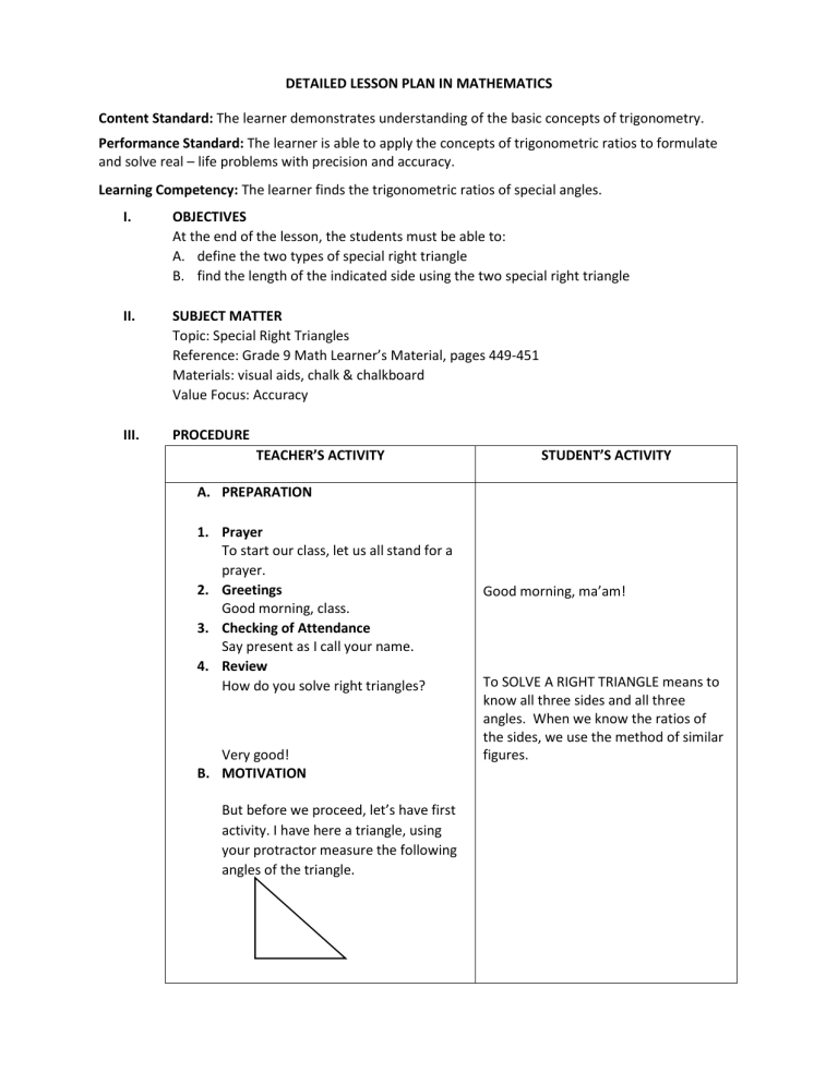 Detailed Lesson Plan: Special Right Triangles (Math)