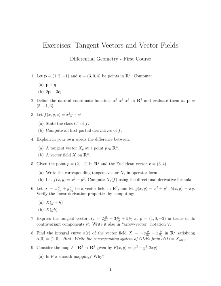 Differential Geometry Exercises: Tangent Vectors and Vector Fields