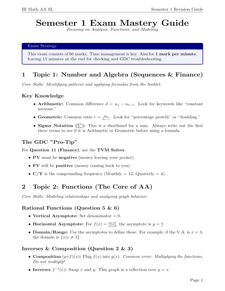 IB Math AA SL Semester 1 Revision Guide