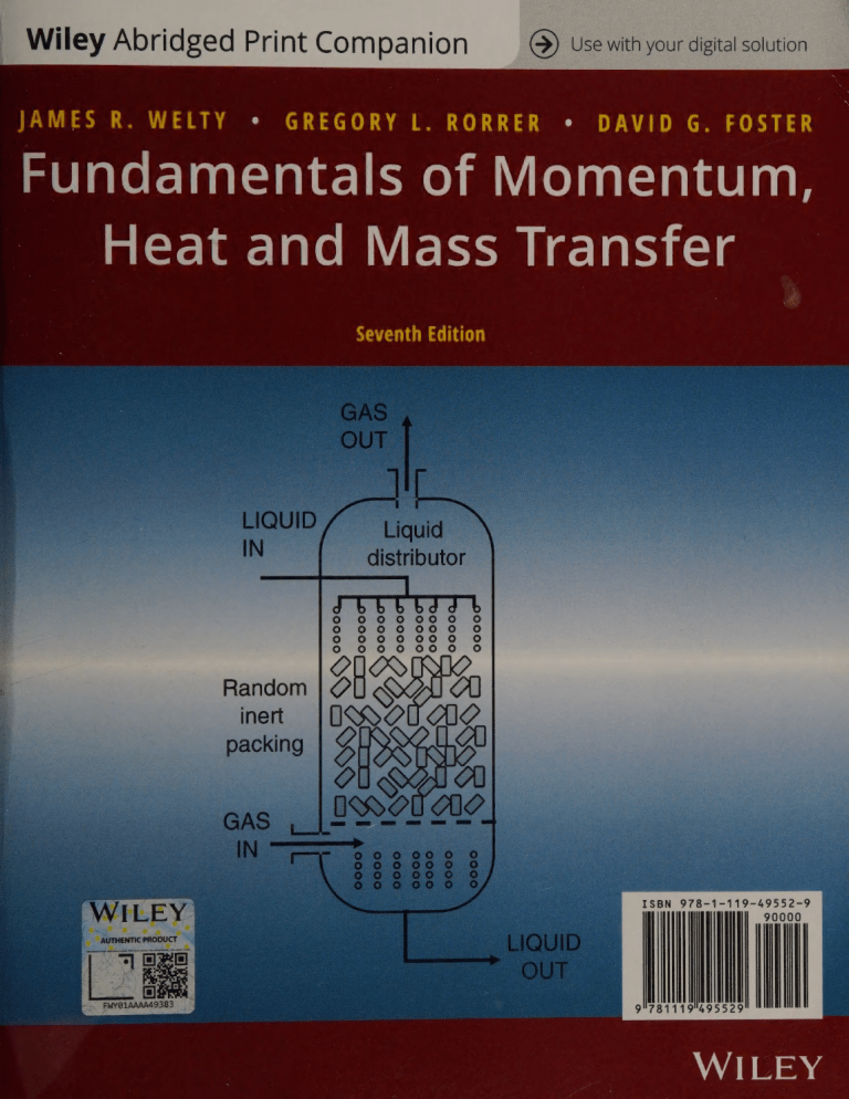 Fundamentals of Momentum, Heat and Mass Transfer 7th Ed.