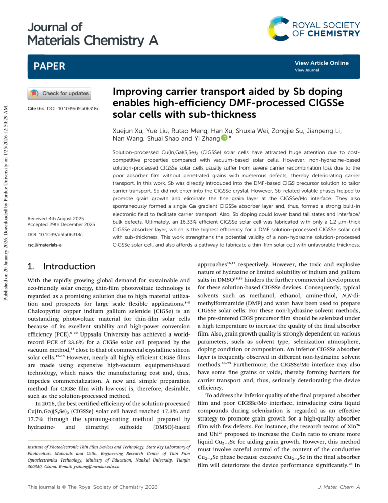 Sb Doping Improves CIGSSe Solar Cell Efficiency