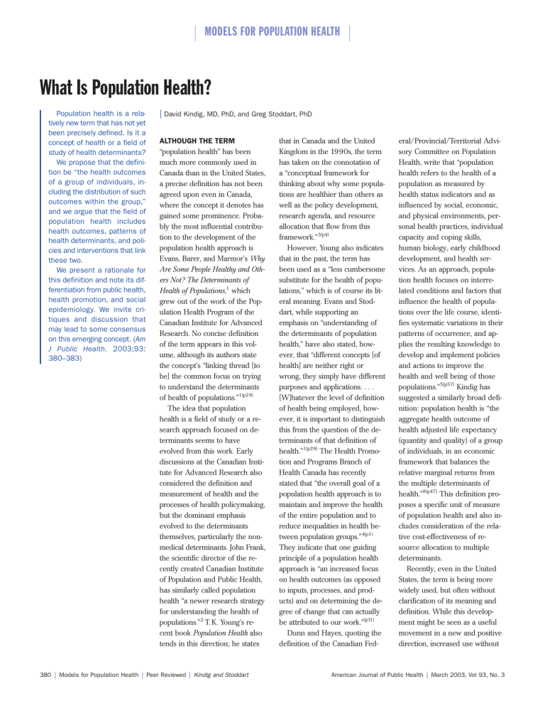Models for Population Health: Defining the Field