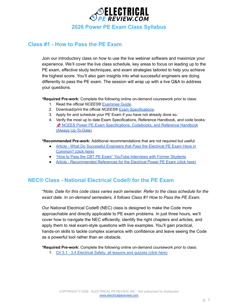 2026 Power PE Exam Class Syllabus - Electrical PE Review