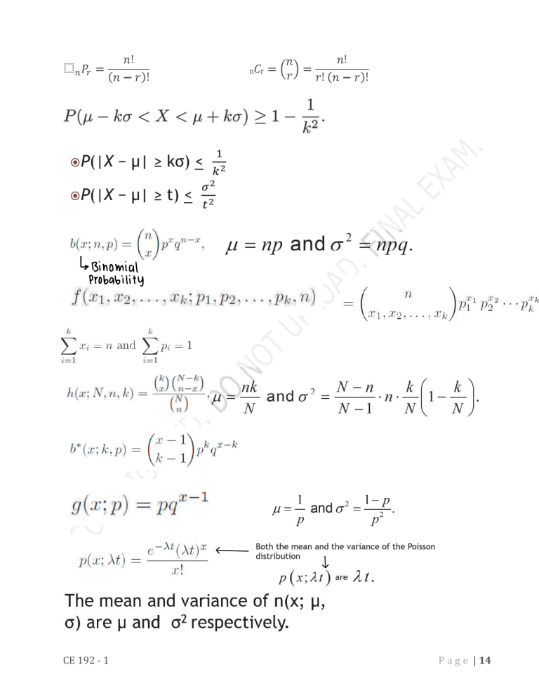 CE 192-1 Probability & Statistics Formulas