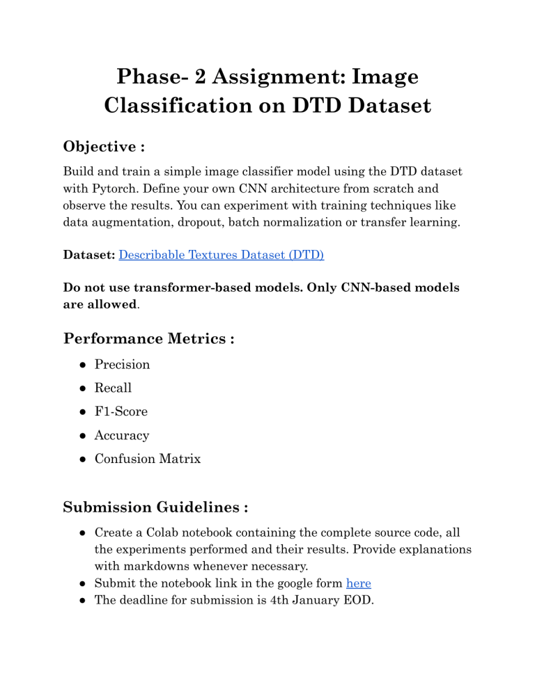 Phase 2 Assignment: Image Classification on DTD Dataset