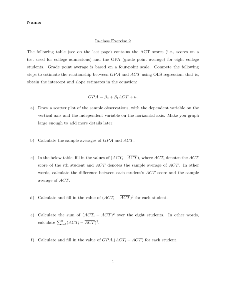 In-class Exercise 2: OLS Regression with ACT and GPA