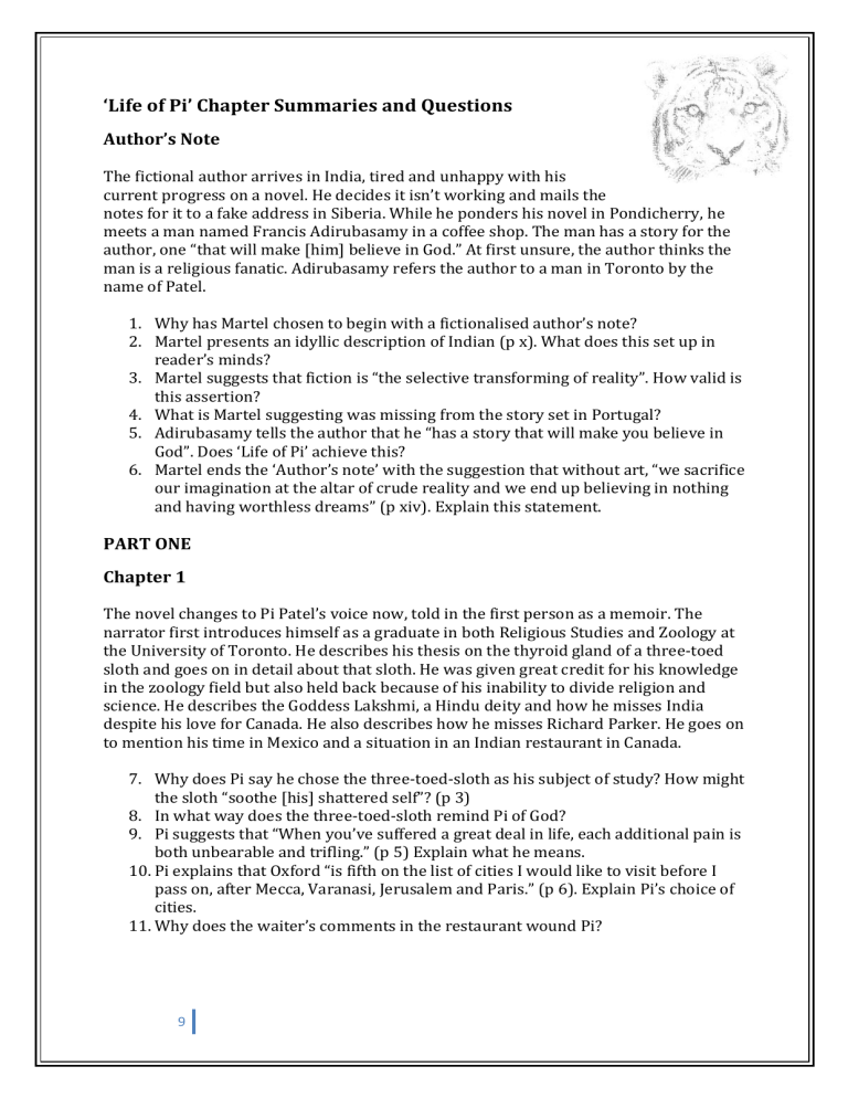 Life of Pi Chapter Summaries & Questions