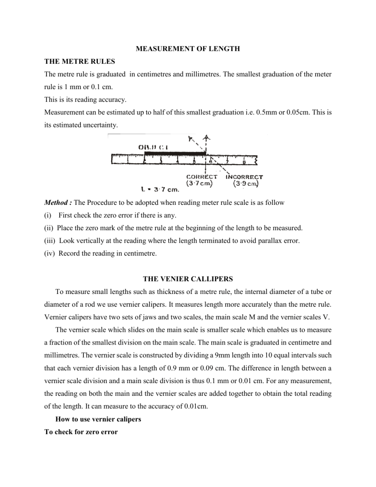 Measurement of Length: Metre Rules & Vernier Callipers