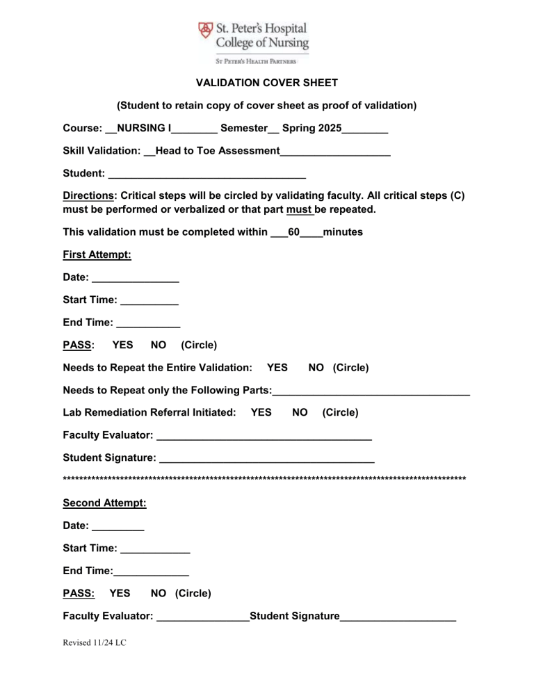 Nursing Head to Toe Assessment Validation Form