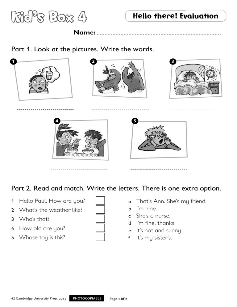 Kid's Box 4 Hello there! Evaluation - English Test for Kids