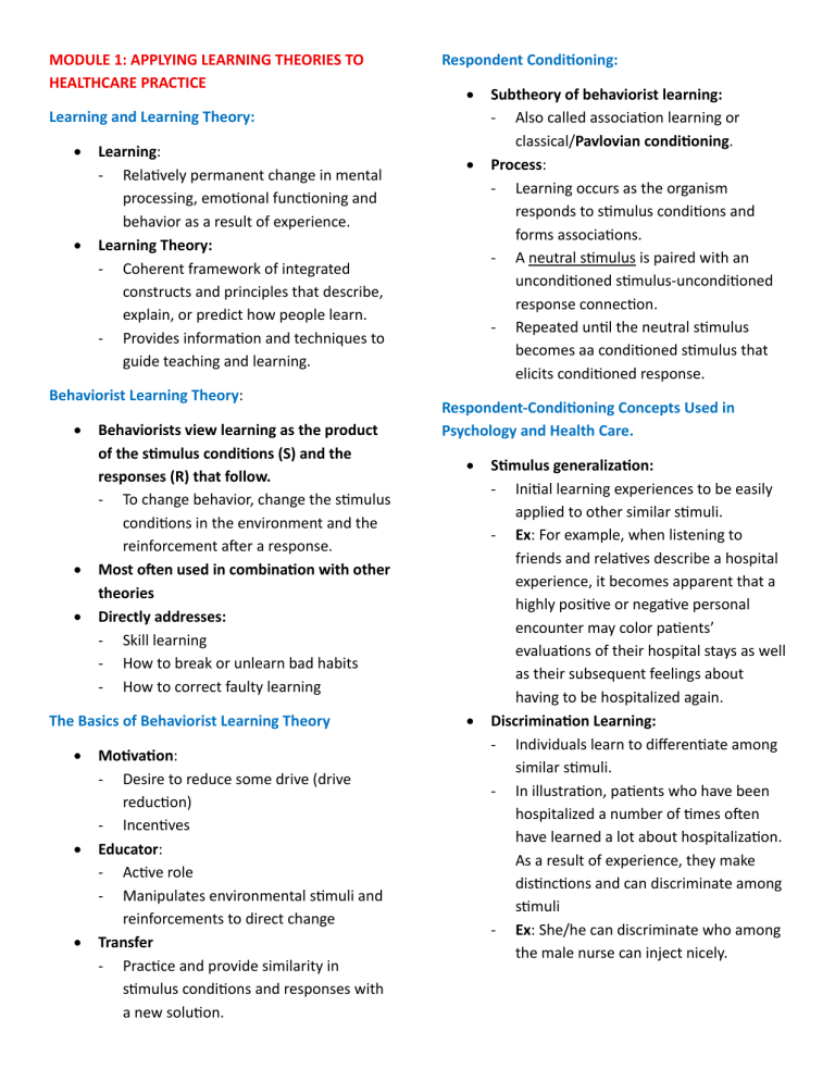 Applying Learning Theories to Healthcare Practice Module