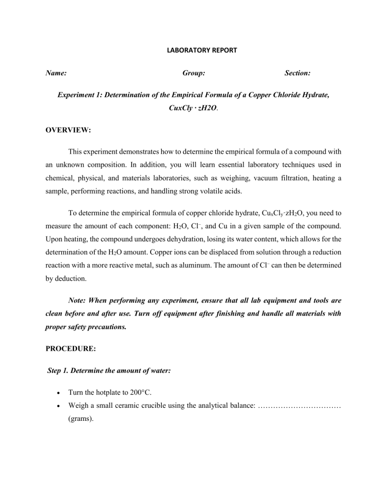 Lab Report: Empirical Formula of Copper Chloride Hydrate