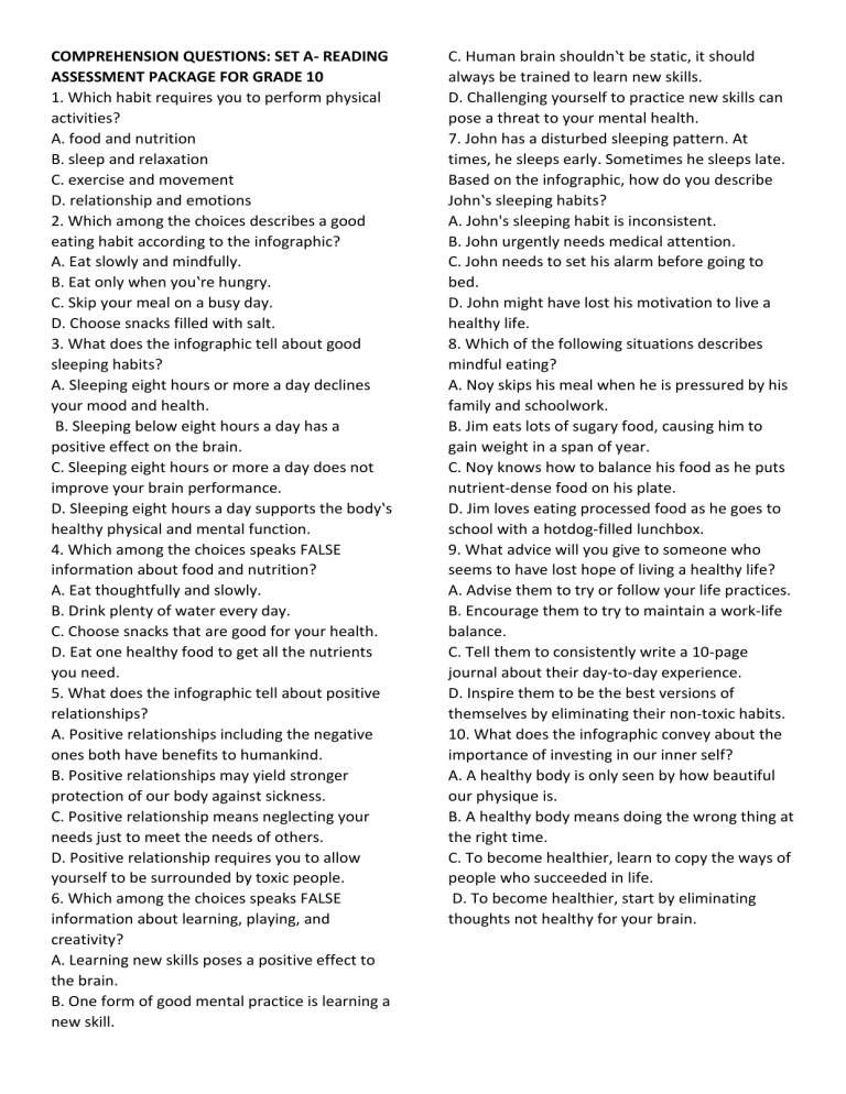 Grade 10 Reading Assessment: Healthy Habits Comprehension Questions