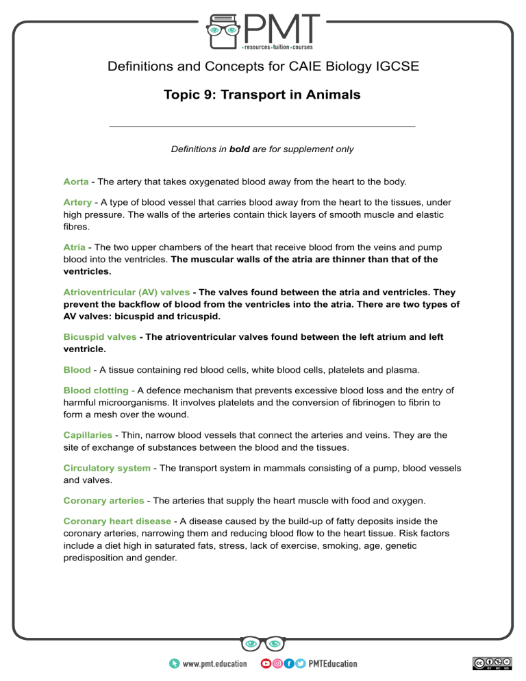 IGCSE Biology Topic 9: Transport in Animals Definitions