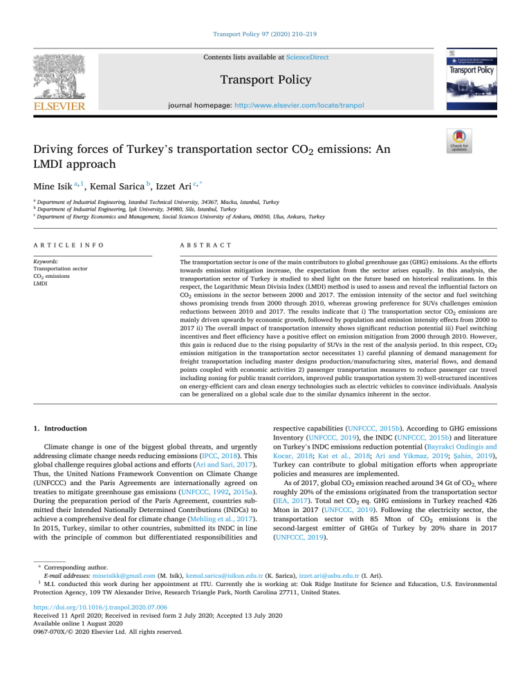 Driving Forces of Turkey’s Transportation Sector CO2 Emissions: LMDI ...