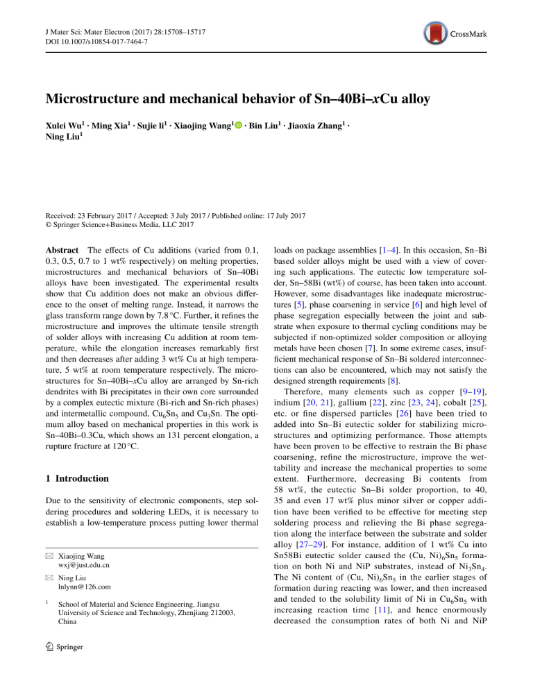 Microstructure and Mechanical Behavior of Sn-40Bi-xCu Alloy