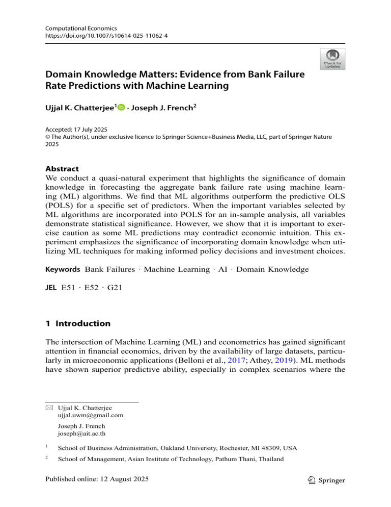 Domain Knowledge in Bank Failure Predictions with ML