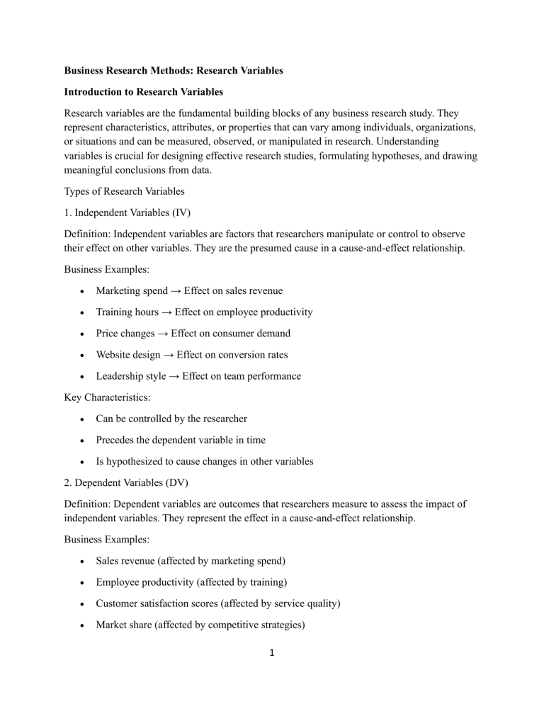 Business Research Methods: Research Variables Guide