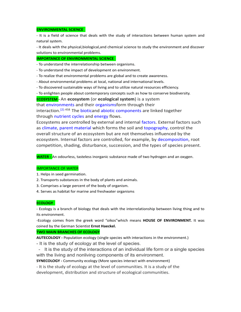 Environmental Science Textbook: Ecosystems, Ecology, Water