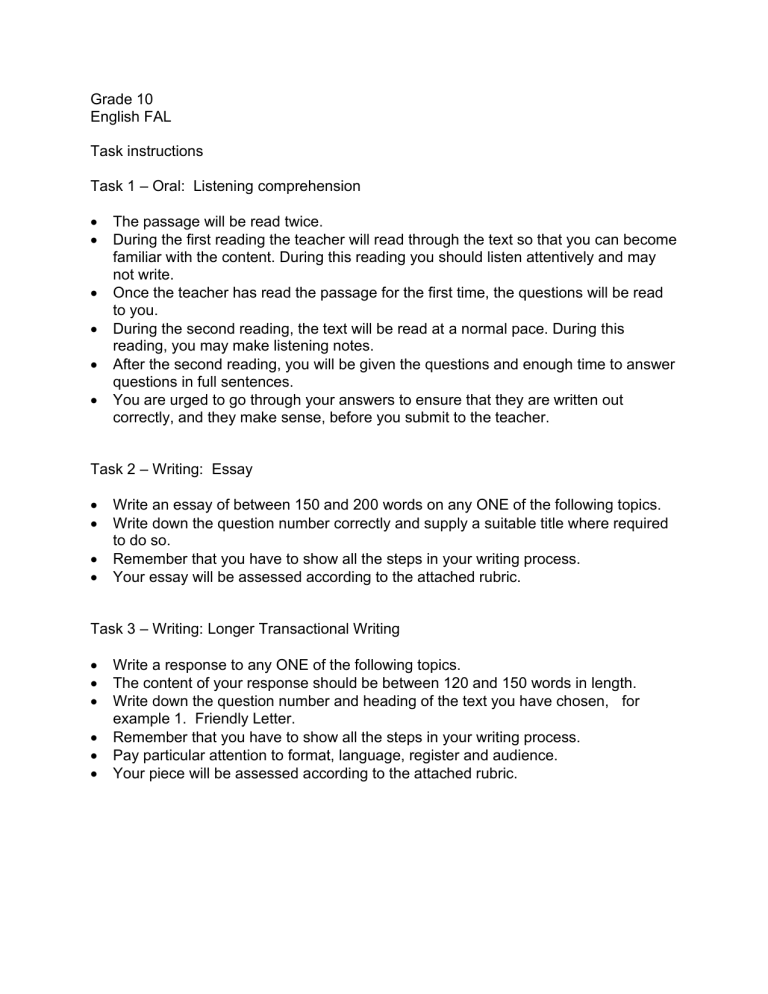 Grade 10 English FAL Assessment Tasks