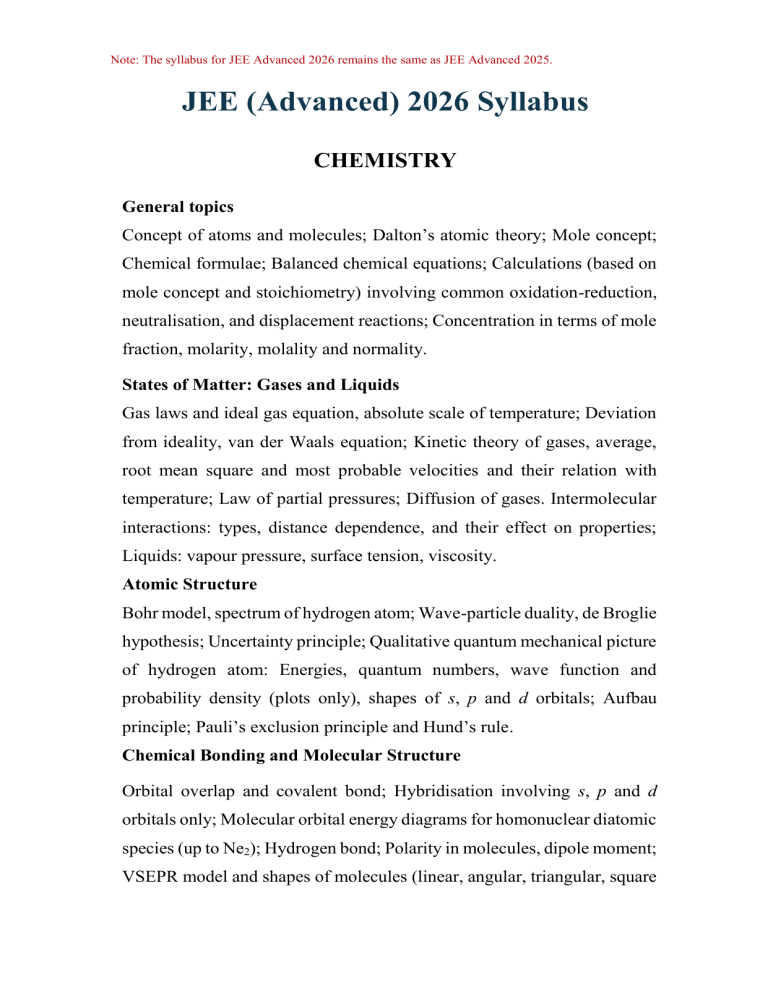 JEE Advanced 2026 Syllabus: Chemistry, Physics, Math