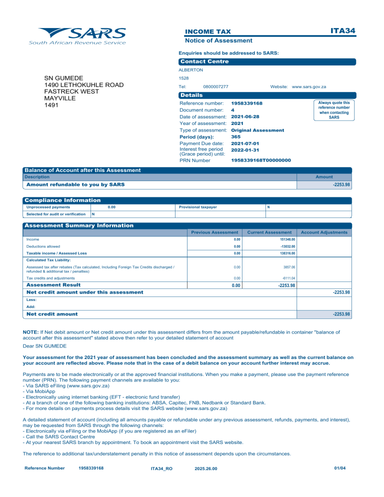SARS Income Tax Notice of Assessment 2021