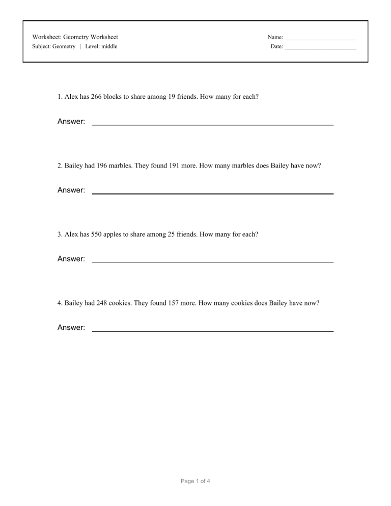 Middle School Math Worksheet: Arithmetic Word Problems