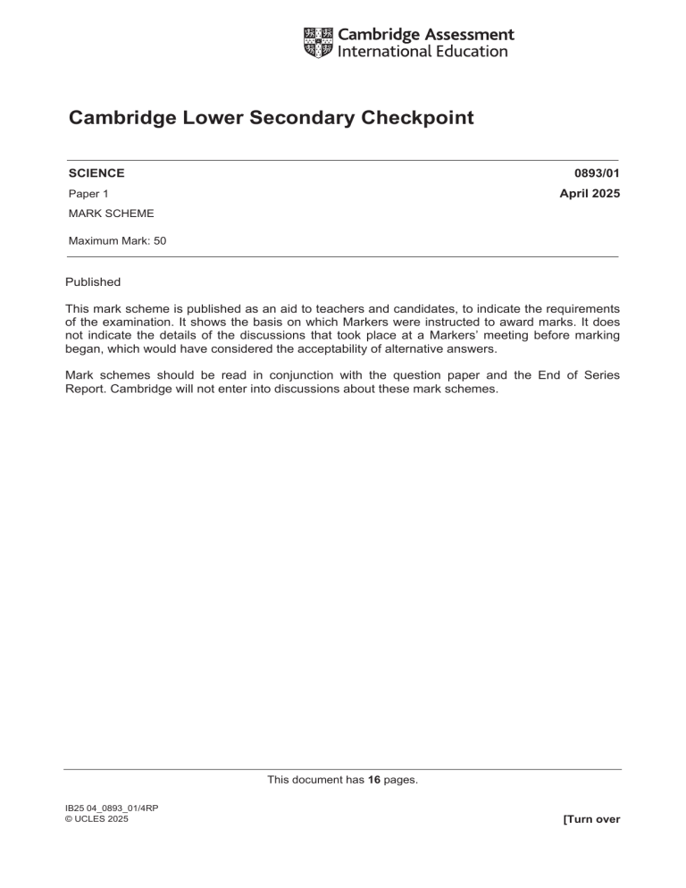 Cambridge Lower Secondary Checkpoint Science Mark Scheme 2025