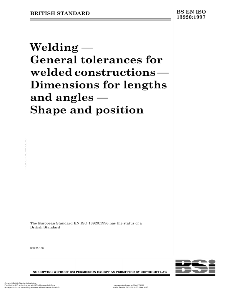 BS EN ISO 13920:1997 Welding Tolerances Standard