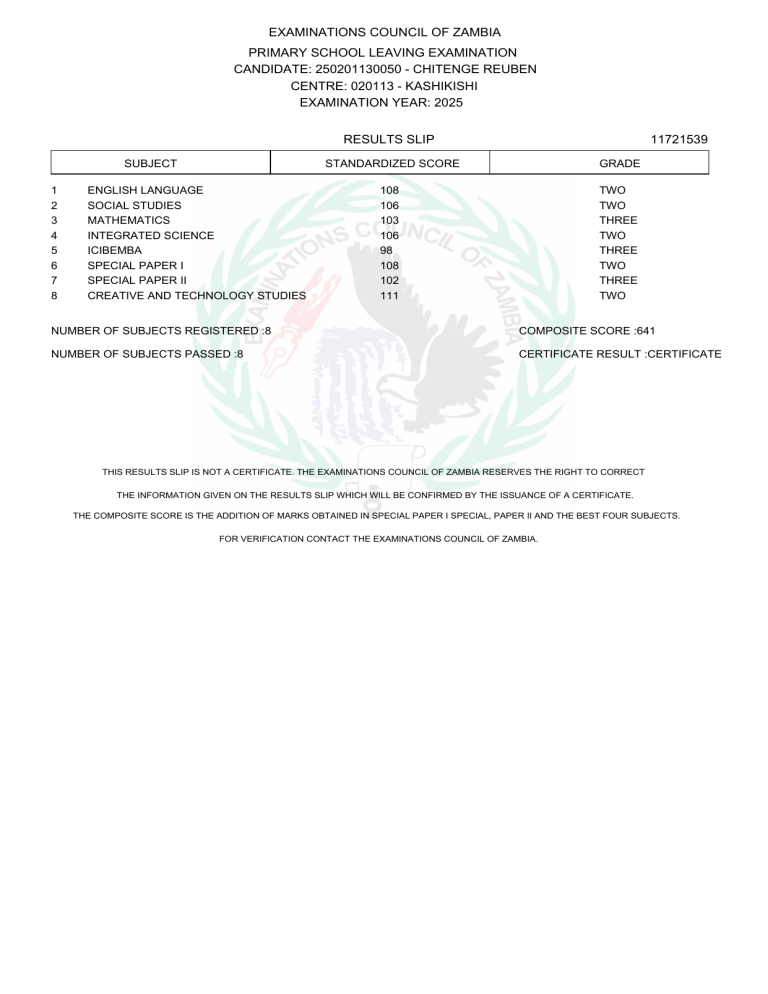Zambia PSLE Results 2025: Chitenge Reuben