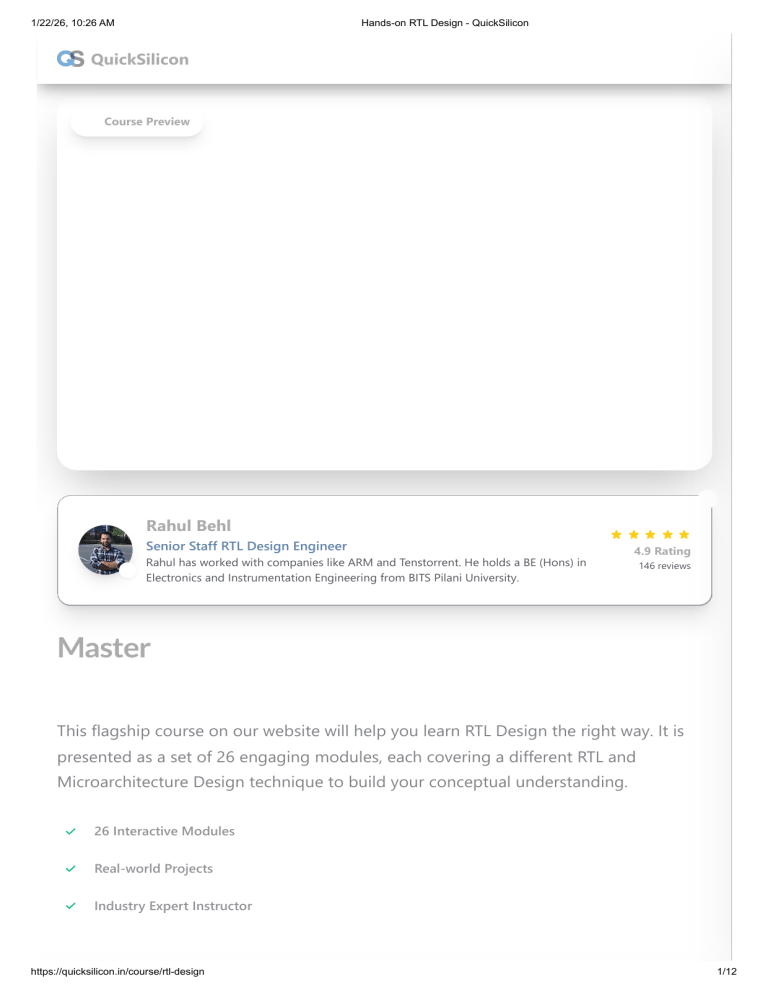 Hands-on RTL Design Course Preview - QuickSilicon