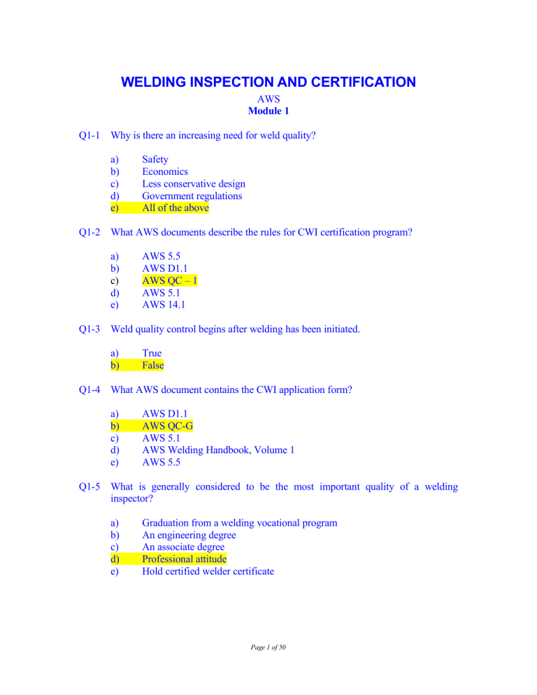 AWS Welding Inspection Certification Exam Questions