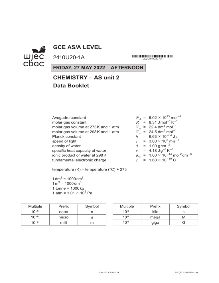GCE AS/A Level Chemistry Unit 2 Data Booklet