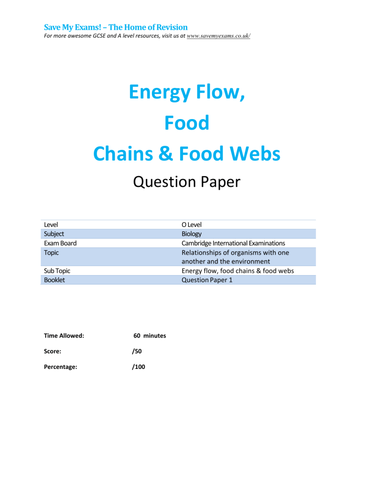 O Level Biology Energy Flow Food Chains Food Webs Question Paper
