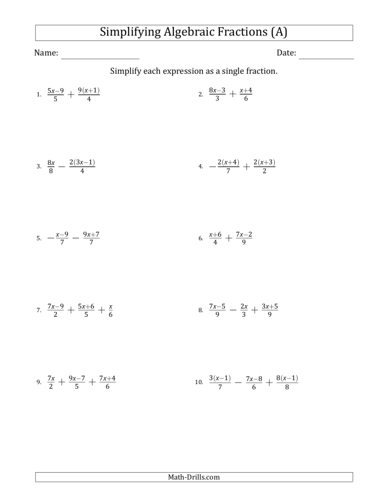 Simplifying Algebraic Fractions Worksheet (A)