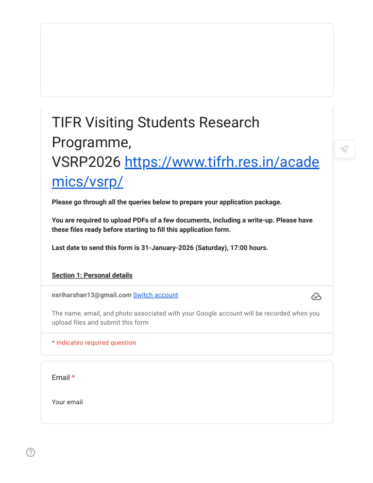 TIFR VSRP 2026 Application Form