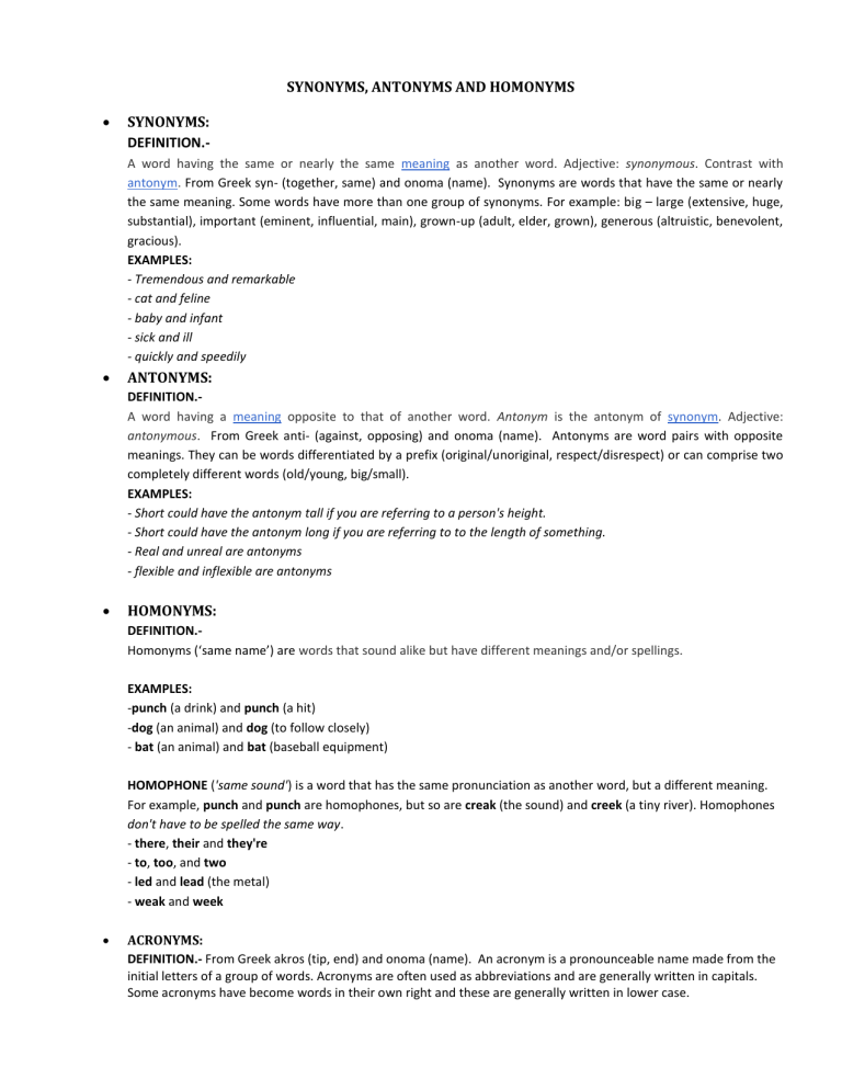 Synonyms, Antonyms, Homonyms & Acronyms Guide